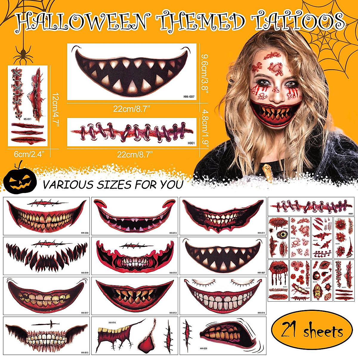 CUTELIILI 74+PCS 21 Sheets Halloween Zombie Makeup Face Tattoos, Halloween Prank Makeup Scary Big Mouth Fake Tattoos, Zombie Face Decals Prank Props for Halloween Cosplay Party DIY