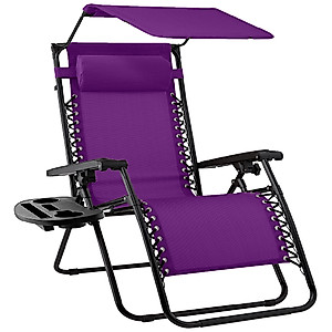 Best Choice Products Folding Zero Gravity Outdoor Recliner Patio Lounge Chair w/Adjustable Canopy Shade, Headrest, Side Accessory Tray, Textilene Mesh - Amethyst Purple