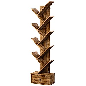 Pipishell Bookshelf with Drawer, 8-Tier Vertical Tree Bookshelf, Modern Bookcase, Modern Book Storage, Book Shelf Organizer for Living Room, Bedroom, Home Office, Rustic Brown, PIBS03WN