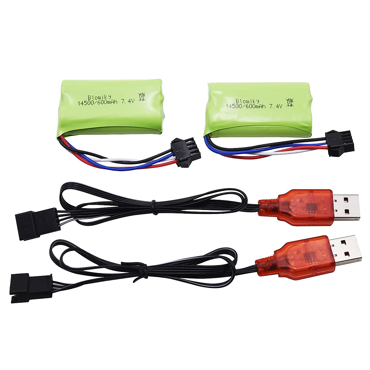 Blomiky 2 Pack 7.4V 2S 600mAh Li-ion Rechargerable Battery with SM-4P Plug and Charger Cable Compatible with Some Water Ball Blasters and DE85 RC Cars/JF-71A Battery