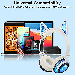 Olyre Intelligent Wireless Cat Headphones for Kids with Microphone On-Ears Stereo Foldable LED Cute Kitty Gift Bluetooth Headset, Compatible with Computer Tablet PC iPad Smartphone Laptop, Blue