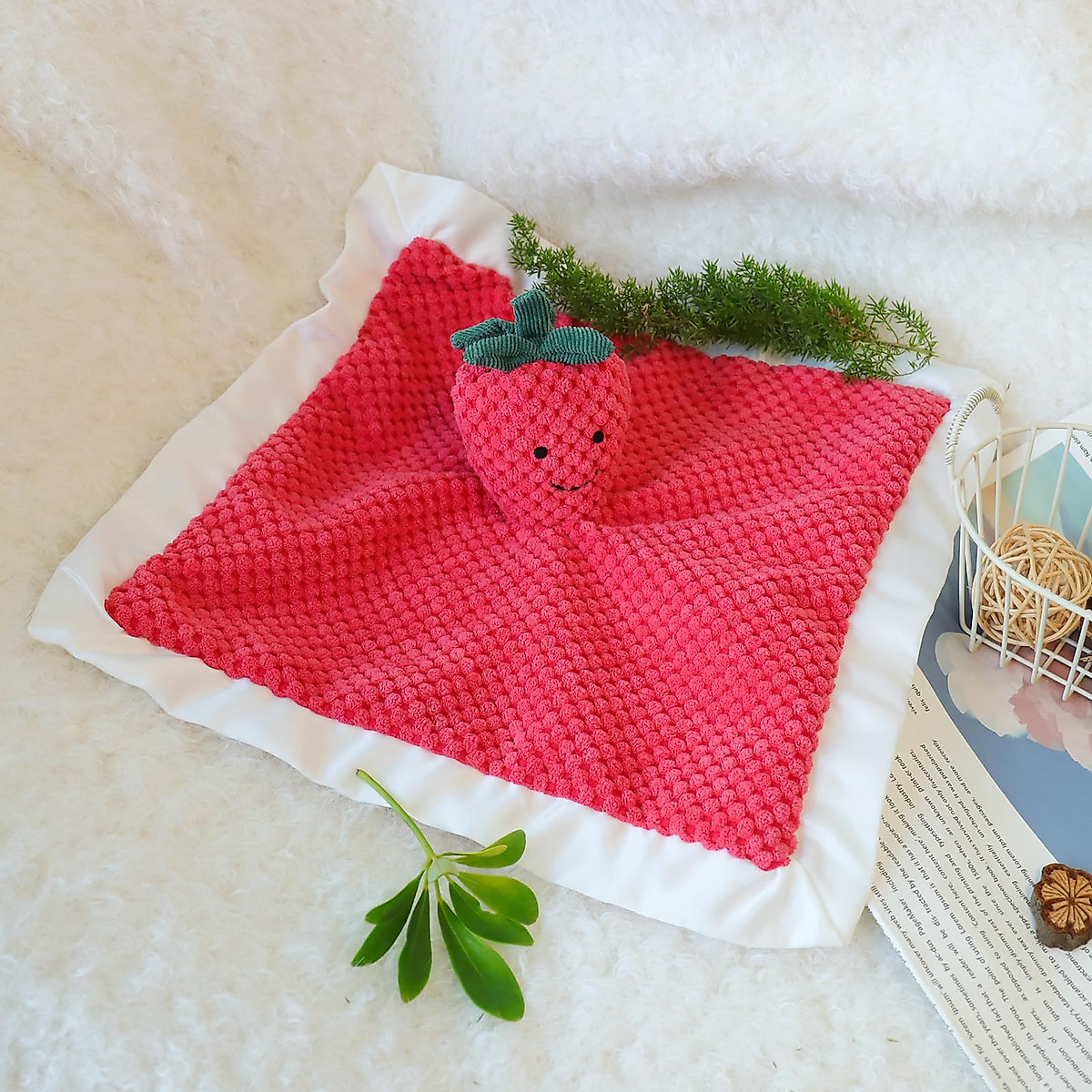 Apricot Lamb Stuffed Fruit Strawberry Security Blanket Infant Nursery Character Blanket Luxury Snuggler Plush Baby Lovey(Strawberry, 13 Inches)