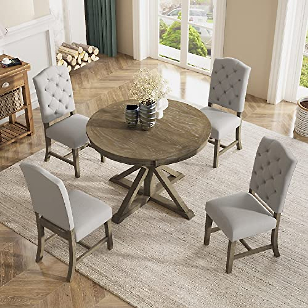 Woanke 5 Piece Functional Furniture Retro Style Set with Extendable Table and 4 Upholstered Chairs for Dining Living Room, Natural Wood Wash