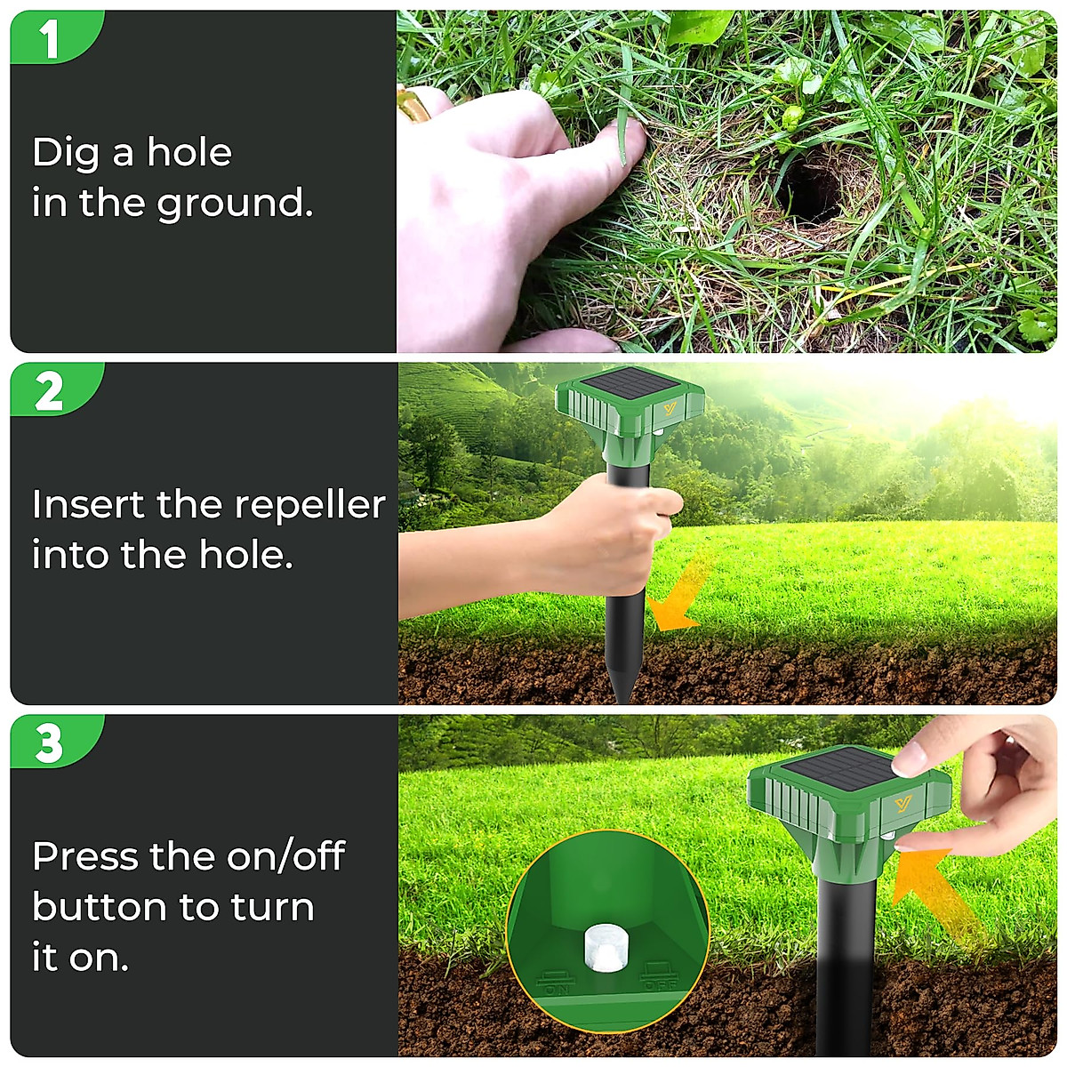 ULTRABOT Solar Mole Repellent Ultrasonic Snake Gopher Repeller Outdoor Waterproof Sonic Groundhog Repellent for Lawn Get Rid of Snake Vole Gopher Groundhog Skunk Chipmunk (8)