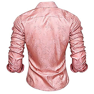 Hi-Tie Long Sleeve Rose Gold Paisley Men's Dress Shirts Blush Pink Silk Designer Regular Fit Casual Button Down Shirt Prom