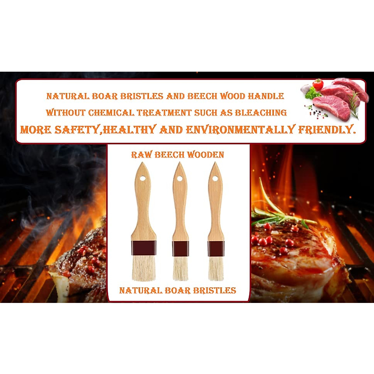 Basting Brush-Pastry Brush,Oil Brush for Cooking,Boar Bristles BBQ Brushes for Grill,Beech Wooden Handle Food Brush for Baking/Spreading Marinade/Sauce/Butter/Egg/Kitchen Baster Brushes(1.5 1 inch)