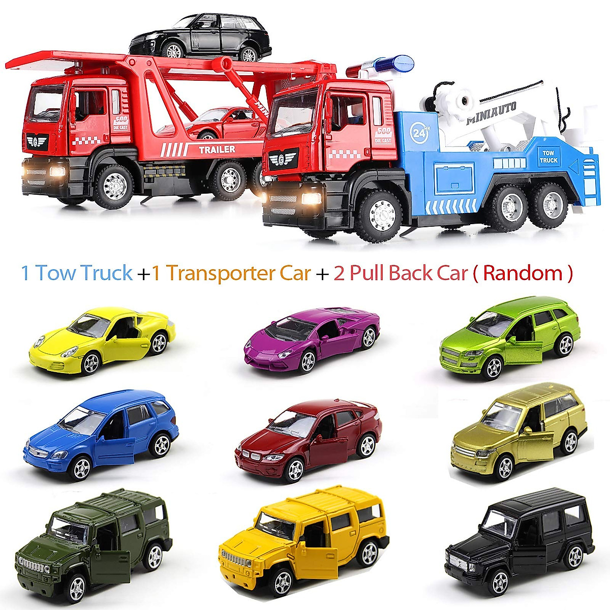 Winrayk 4Pcs Tow Truck Toys with Mini Toy Cars Set Pull Back Cars with Lights and Sound Trailer Transporter Vehicles Truck Toy, 1:50 Scale Metal Diecast Toy Trucks for Boys Girls 3 4 5 6 7 8 Years Old