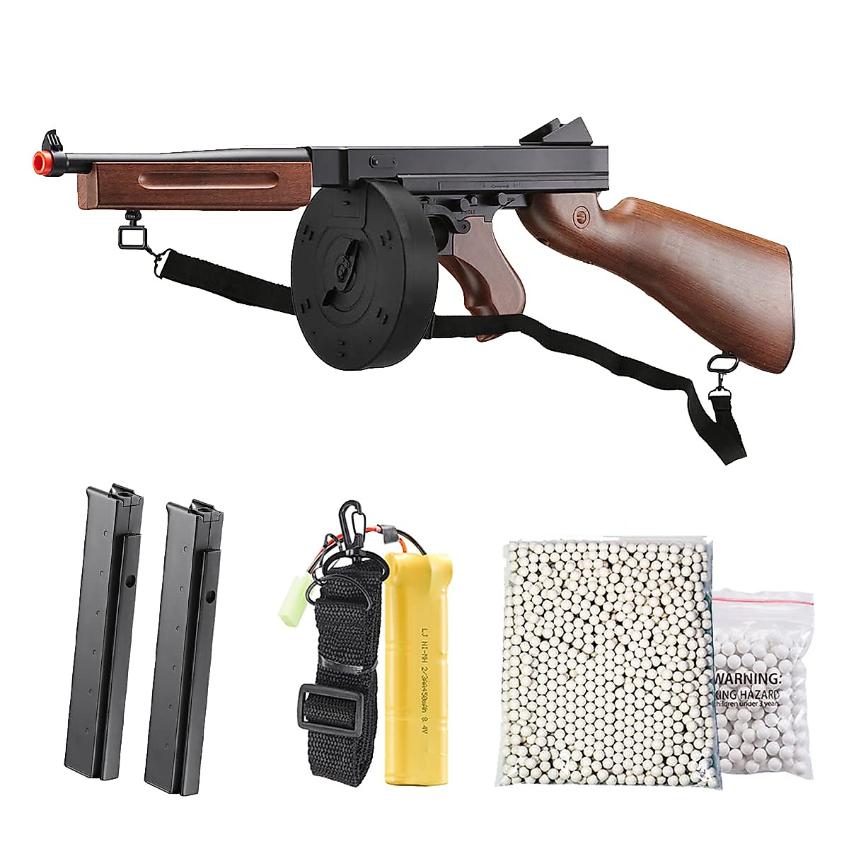 Airsoft Tommy Thompson Durable Submachine Gun WW2 Chicago Typewriter Full Auto SMG AEG with Extra Stick Magazines, Battery and Charger