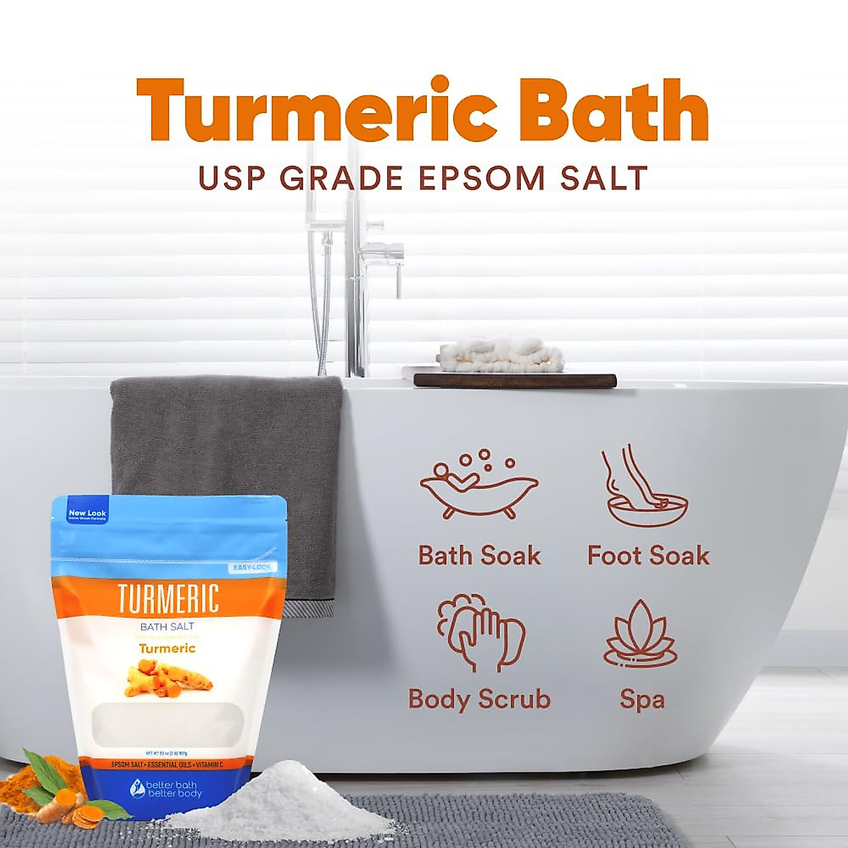 Turmeric Bath Salt 32 Oz Epsom Salt with Essential Oils Turmeric, Cinnamon, Orange Plus Vitamin C in BPA-Free Pouch with Easy Press-Lock Zipper | Natural Bath Soak to Relieve & Soothe | Made in USA