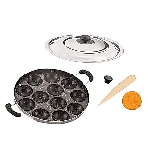 Non Stick Aluminium Appam Pan 12 Pits with Steel Lid, Two Side Handel Appam Maker with Steel Lid, Paniyaram Pan, Black and Silver