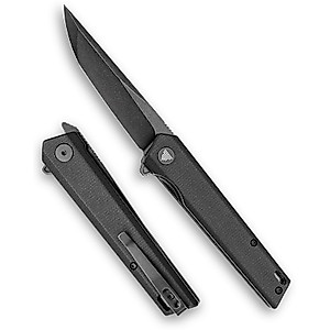 TRIVISA Pocket Knives for Men,3.58in Black Stonewashed Japanese Tanto 10Cr15CoMoV Blade with Front Flipper,Liner Lock Micarta Handle,Folding Deep Carry Clip Slim Knife for Women EDC Hunting,Equ-04B