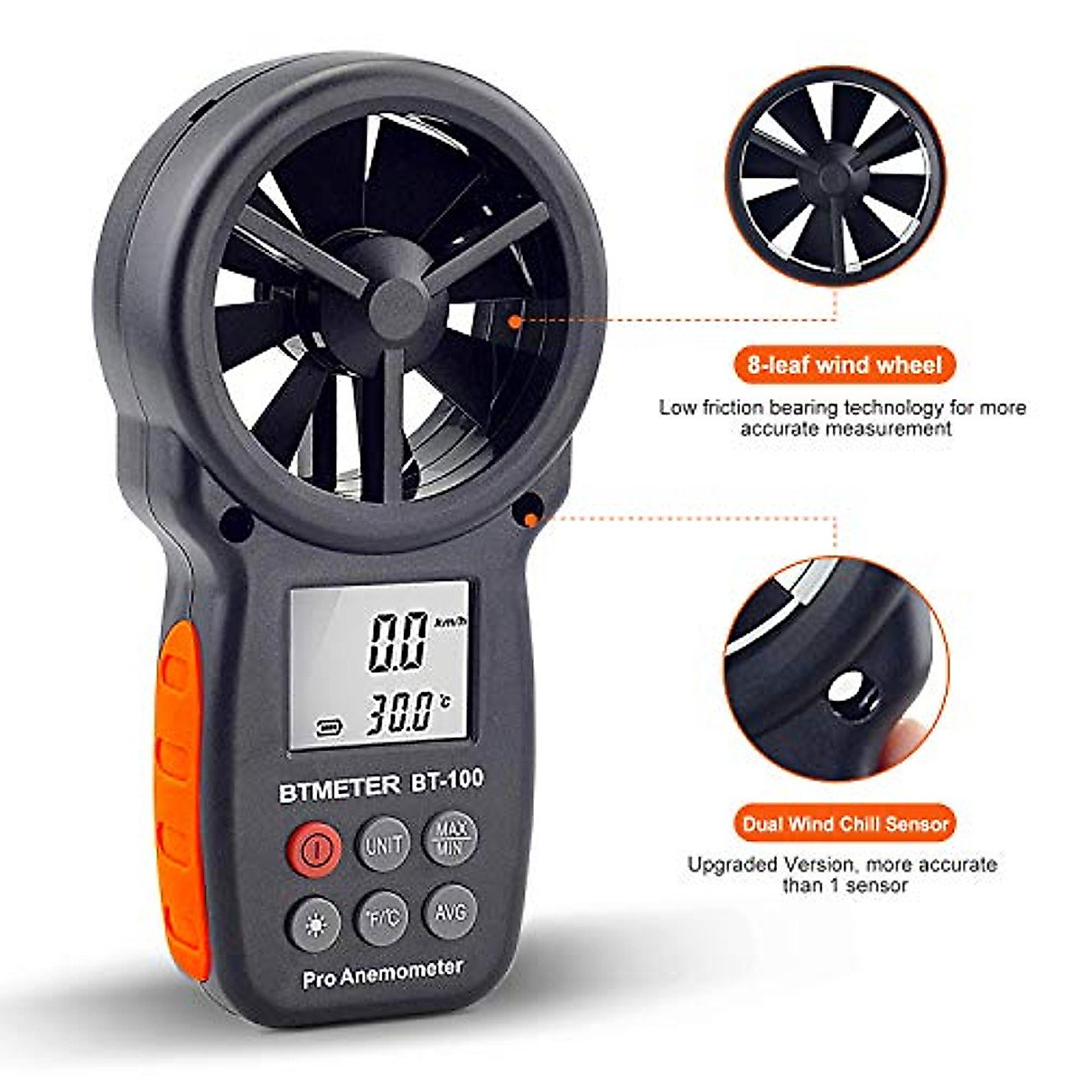 BTMETER BT-100 Handheld Anemometer, Digital Wind Speed CFM Meter Gauge Air Flow Velocity Tester for HVAC Shooting Drone, Wind Chill, 14℉-113℉ Wind Temperature