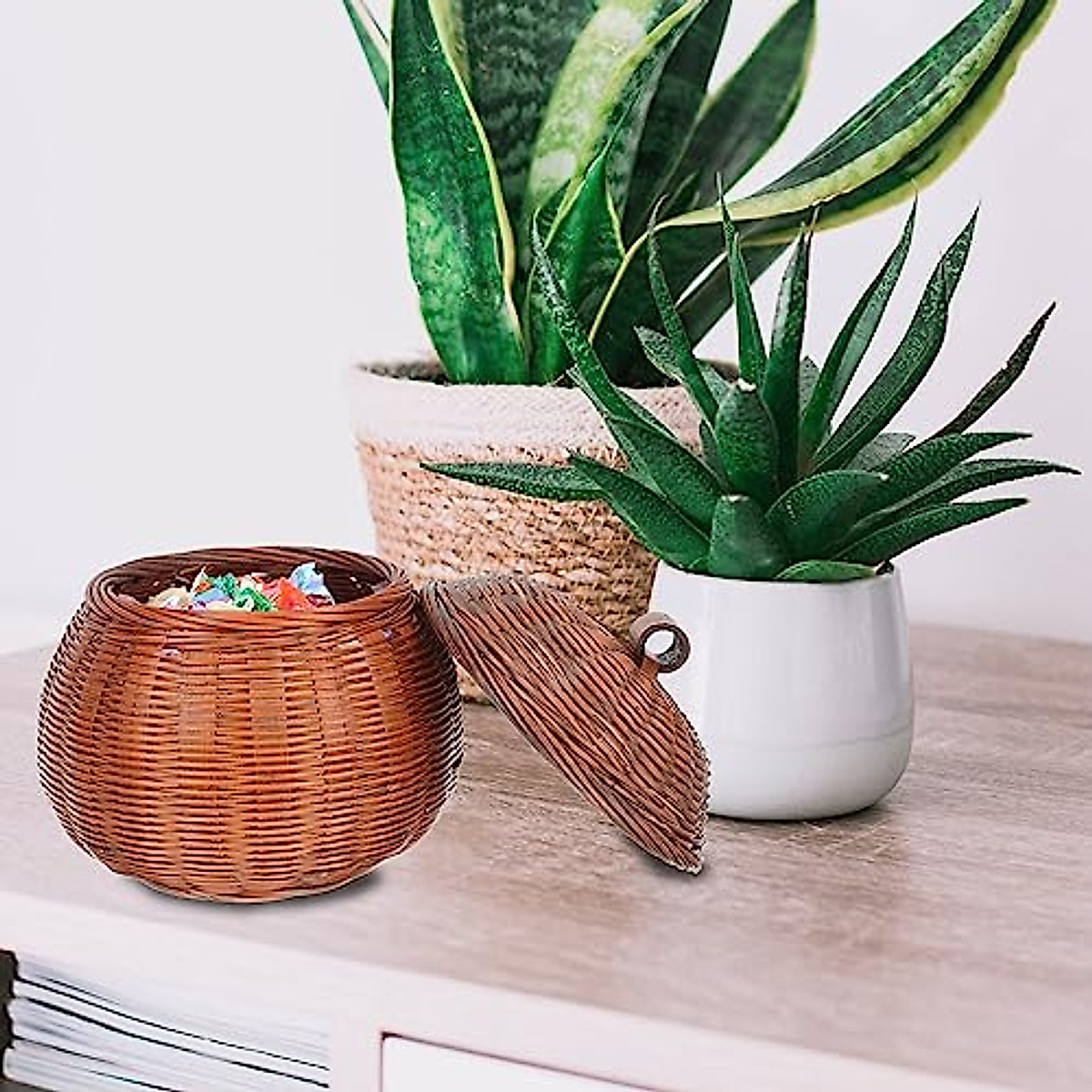 Cabilock Mini Rattan Storage Basket: Pumpkin Shaped Straw Trash Can Small Wicker Basket with Lid Round Woven Seagrass Baskets Woven Wastebasket Candy Bowl for Home Office Chocolate