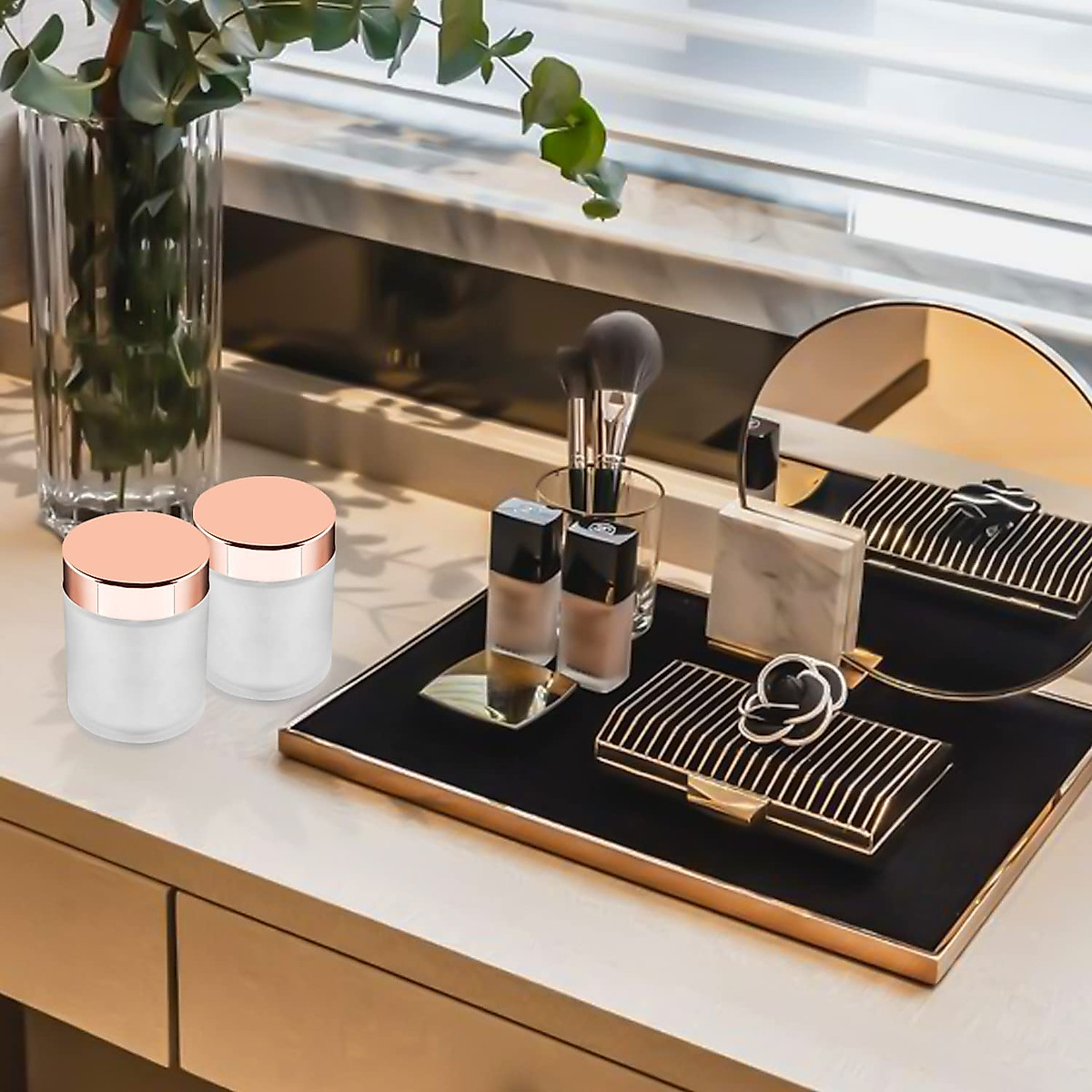 4 Pack,3.4 oz Frosted Glass Jars with Lids,Round Empty Storage Containers with Rose-Golden Lids & Inner Liners,Travel Jars Pot for Cosmetics,Gel,Scrubs,Makeup,Face Cream Lotion