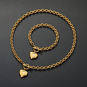 Silver 18k Gold Rose Gold Plated Charm Chunky Stainless Steel Chain Heart Toggle Choker Bracelet Necklace Set for Womens Fashion Valentine Jewelry Set