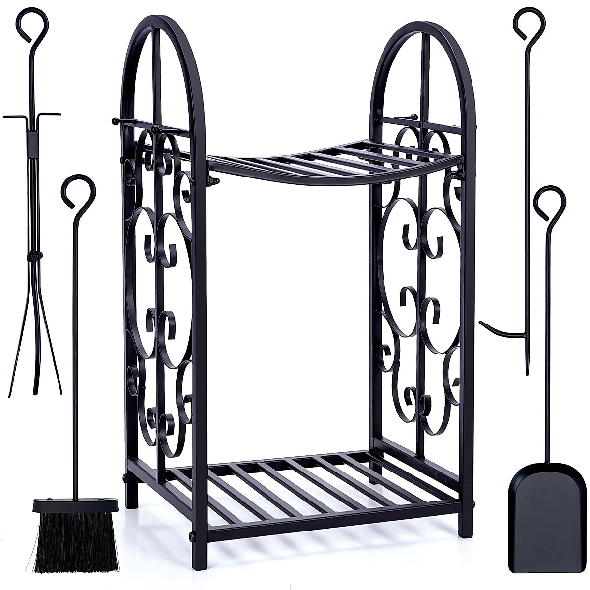 Sturdy Firewood Rack Fireplace Tools Set with 4 Fireplace Accessories Brush Shovel Poker Tong, Vertical Design 2 Shelves Log Storage Rack Holder, Holds a Great Amount of Wood Fireside Logs