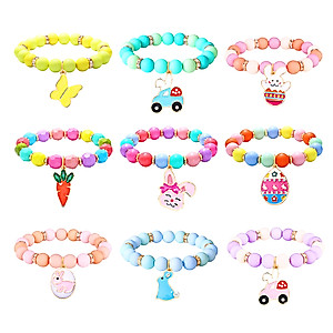 NVENF Easter Bracelets Cute Easter Egg Bunny Charm Bracelet for Women Colorful Stackable Beaded Stretch Bracelets Holiday Party Favors Jewelry Set