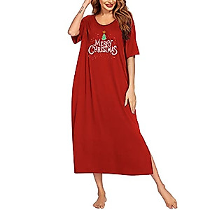 Ekouaer Long Nightgown for Women Short Sleeve Sleepwear Plus Size Loungewear with Pockets Red Christmas Tree XL