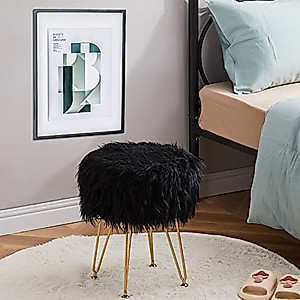 Mxfurhawa Faux Fur Storage Ottoman Round Furry Vanity Stool Marble Grain Tray Coffee Table Compact Footrest Stool with 4 Metal Legs Soft Makeup Seat Foot Stools for Living Room Bedroom Entryway Black