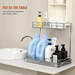 TQVAI Pull Out Cabinet Drawer Organizer, 2 Tier Kitchen Cabinet Roll Out Storage Shelves, Slide Wire Shelf Basket - Request at Least 12 inch Cabinet Opening, Half Top