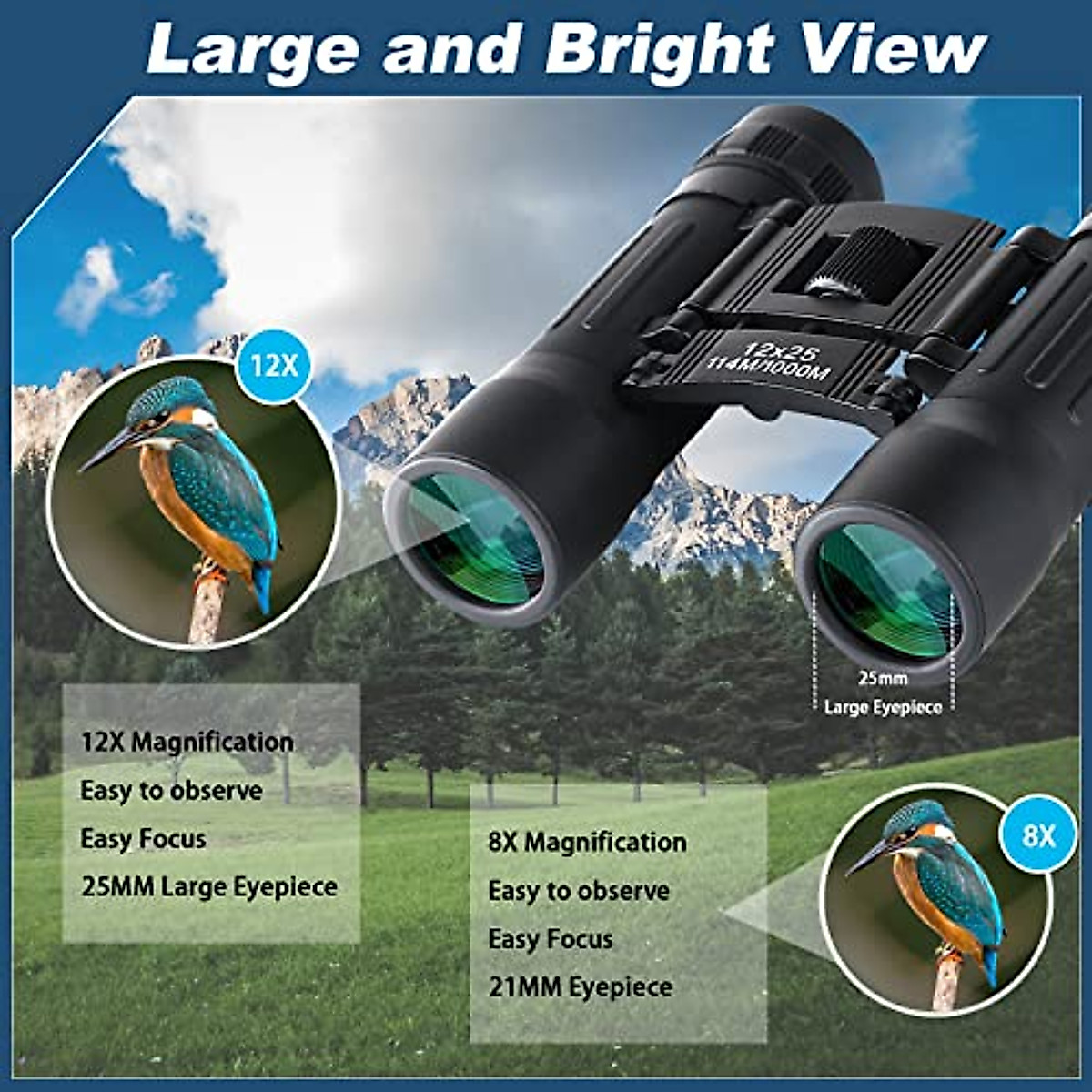 Anourney 12x25 Compact Binoculars, High Powered Easy Focus Binoculars, Portable Large Eyepiece Binocular for Adults Kids Bird Watching,Opera Concert, Travel, Hiking, Outdoor Scenery, Football Game