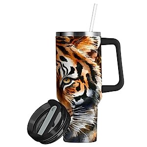 Flradish 30oz Tumbler with Handle, Watercolor Tiger Portrait Stainless Steel Tumbler with Lid and Straws Double Wall Vacuum Insulated Leakproof Coffee Travel Mug