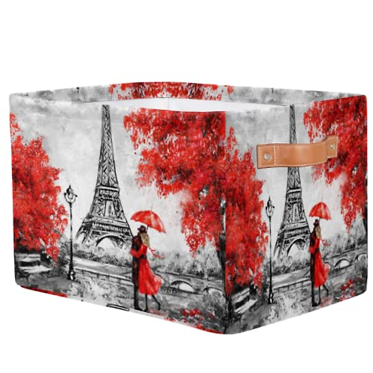 Rectangular Paris Baskets, Girls Storage Bins Kids Storage Basket with PU Leather Handles Cute Baskets Clothes Toys Box Books Baskets Gifts Baskets for Closet Shelf Nursery Bedroom 15x11x9.5 In