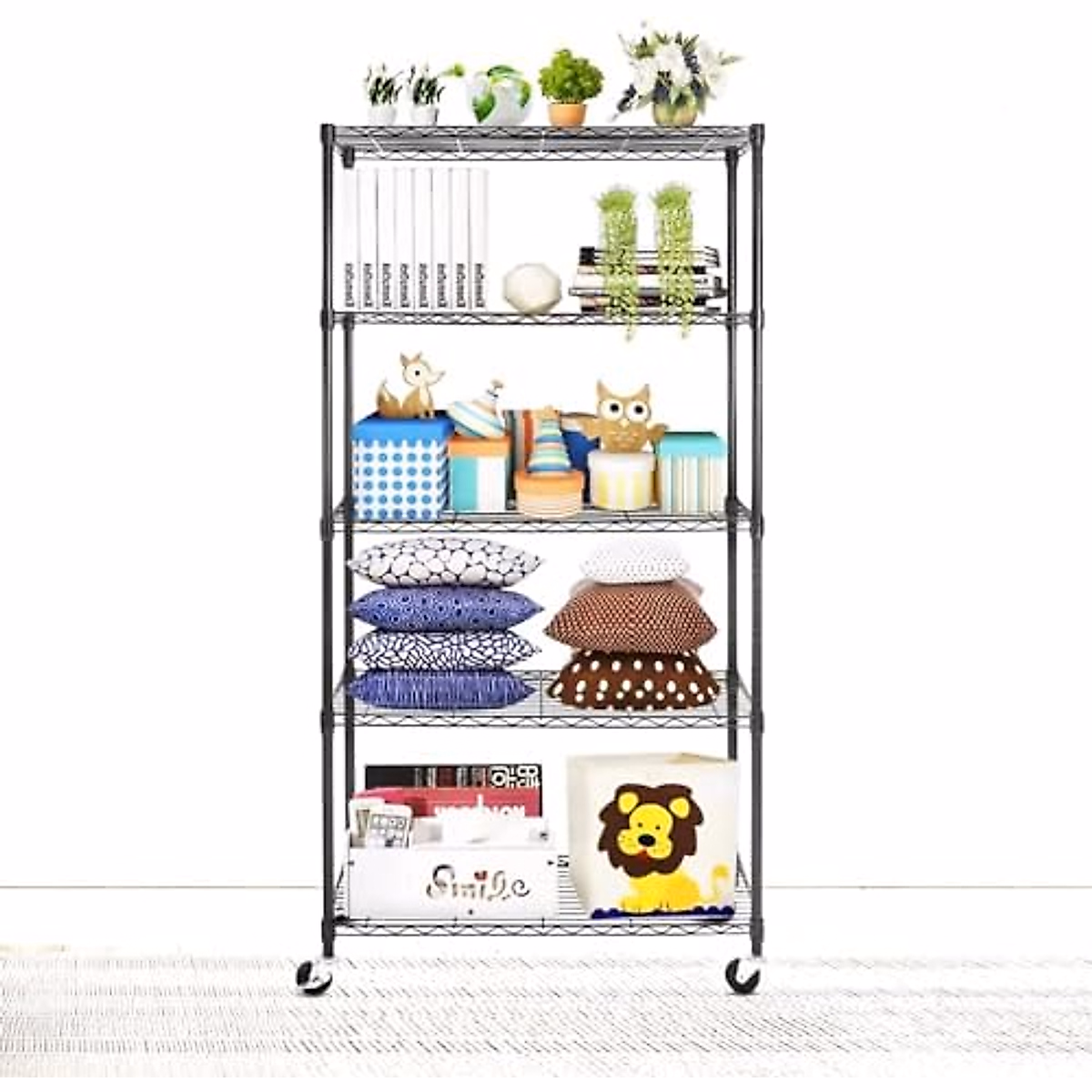 Catalina Creations Black 5-Shelf Storage Shelves,Heavy Duty Wire Shelving with Wheels, Adjustable Steel Wire Shelving Unit with 5-Shelf Liners for Garage, Kitchen, Office