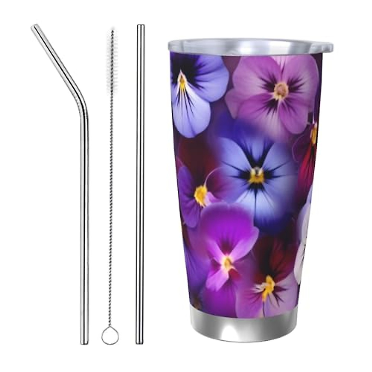 EKPRAVDKTF Purple Flower 20oz Insulated Stainless Steel Tumbler With Lids And Straws, Double Wall Vacuum Travel Coffee Mug, Thermal Cup For Cold & Hot Drinks, Reusable Metal Straw & Brush