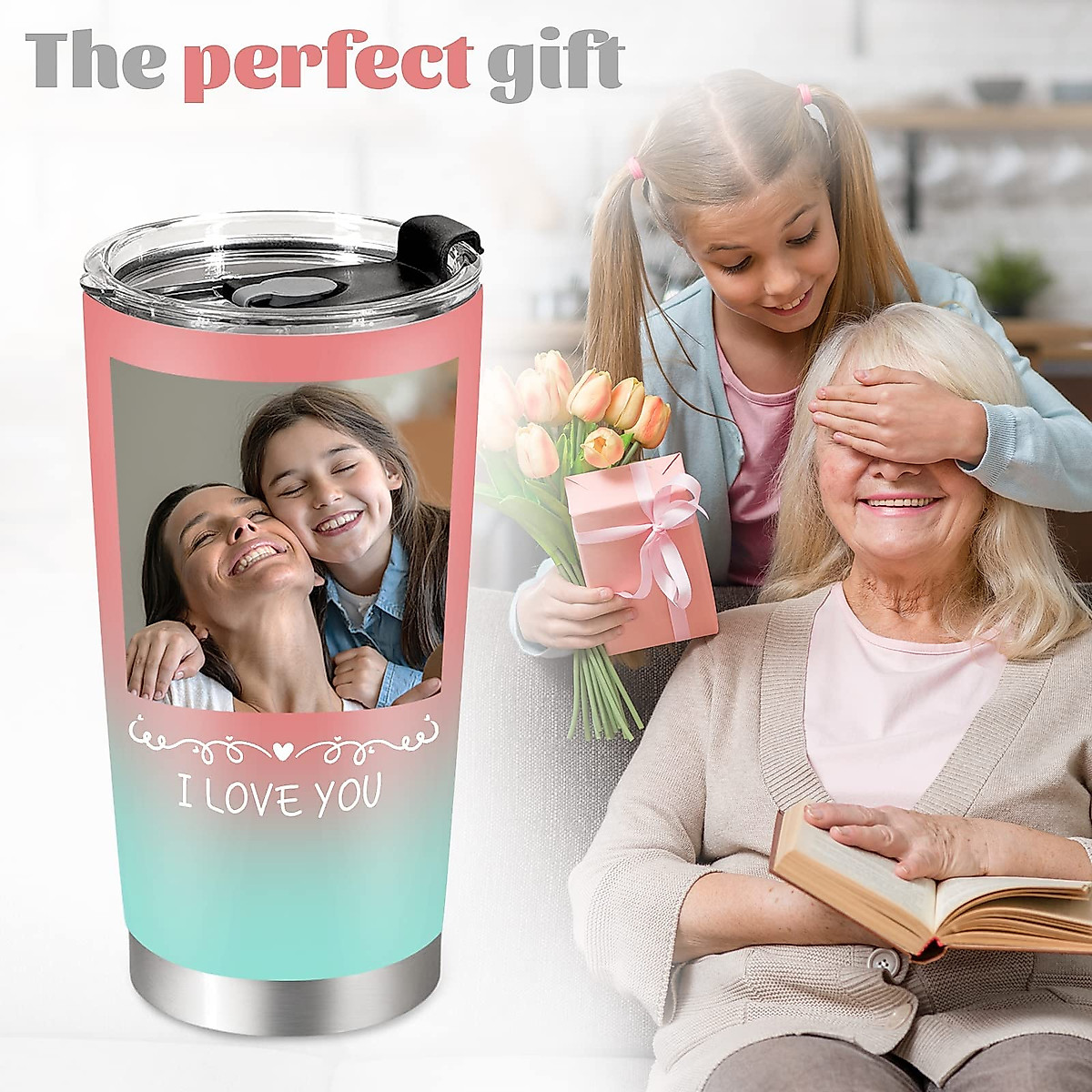 Personalized Coffee Tumbler with Pictures Text, 20oz Custom Insulated Stainless Steel Tumbler, Customized Father's Day Birthday Gifts for Men Women, Travel Coffee Cup with Lids
