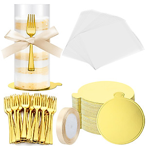 XunYee 30 Packs DIY Mini Cake Supplies with Mini Cake Boards Baking Transparent Cake Sheets Plastic Gold Forks Satin Silk Ribbon Cake Favor Sets for Dessert Display Wedding Shower