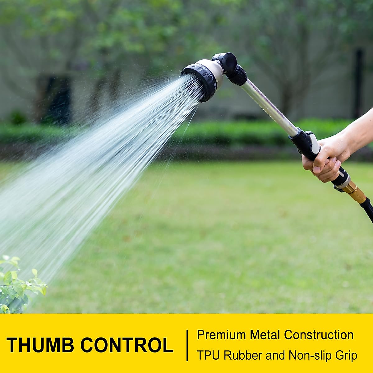 FANHAO Metal Garden Hose Wand, 16-Inch Heavy Duty Watering Wand with 9 Spray Patterns, 180° Rotating Long Garden Hose Nozzle with Thumb Flow Control, Ideal to Water Hanging Baskets and Shrubs