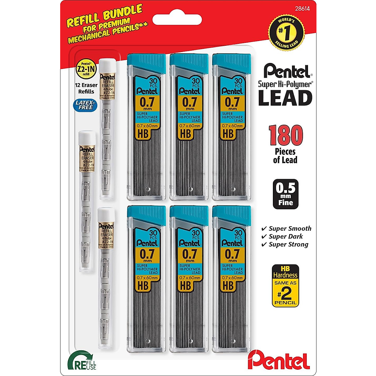 Pentel Eraser and Lead Refill Pack for Mechanical Pencils - Super Hi-polymer Lead Refills Value Pack - 0.7mm 6 Pack of 30 Pieces – Pack of White Eraser Refills 3 Packs of 4 Erasers Each