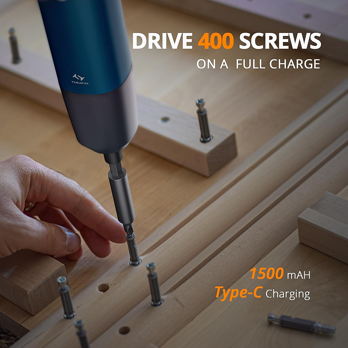 Tilswall Electric Screwdriver, 4V Cordless Screwdriver Rechargeable, Max 6N·m Power Screwdriver with 12pcs Bits, 1pc Extension, LED Work Lamp, USB-C Charging Cable, Meeting Daily Needs Effectively