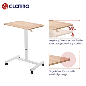 CLATINA Height Adjustable Mobile Laptop Desk Cart - Versatile Rolling Workstation Table for Office, Home, and Study Room - Ergonomic Standing Desk with Lockable Wheels 28" x 19" Beige…