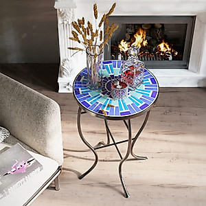 FROMJBEST Mosaic Outdoor Side Table, Patio Side Table, Weather Resistant 14" Diameter 21" H Ceramic Tile Round Outside Table for Patio, Porch, Garden, Pool, Indoor&Outdoor,Plant Stand (Vortex)