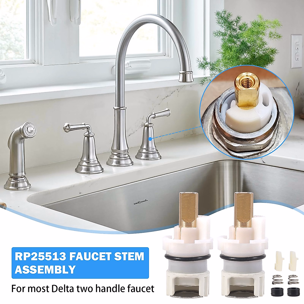 RP25513 Faucet Stem Assembly Compatible with Delta Two Handle Faucet Repair Kit with RP4993 Rubber Seat and Spring, Replacement Stems Cartridges for Delta Bathtub Shower Sink Bathroom Faucet, 2-PACK