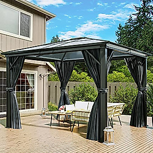 YITAHOME 10x12ft Hardtop Gazebo Outdoor Polycarbonate Canopy with Netting and Shaded Curtains, Aluminum Frame Garden Tent for Patio, Backyard, Deck and Lawns