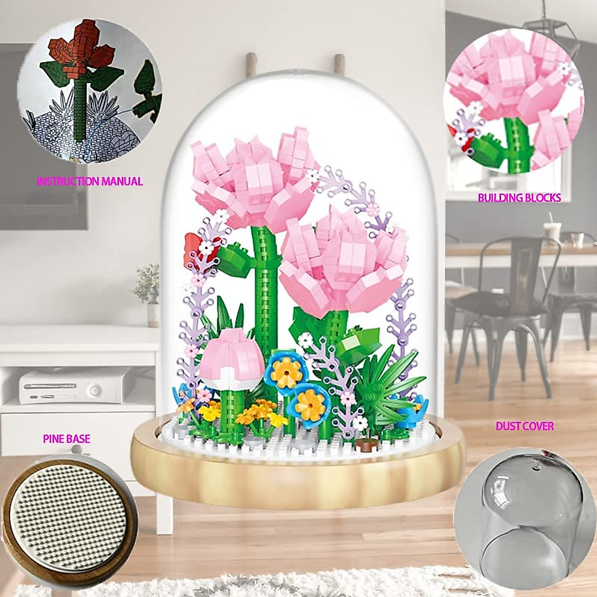 FLOWERKITY Building Blocks Flower Set Carnation Bouquets Mini Blocks with Dust Cover, Botanical Collection Gifts for Adults, Women… (Pink Carnation)