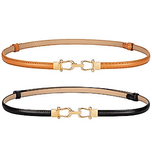 macoking Womens Thin Belt Adjustable Skinny Leather Belts for Dresses, Black&Brown