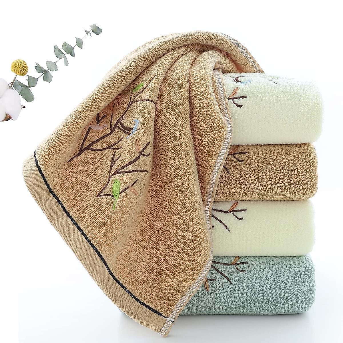 Pidada Hand Towels Set of 2 Embroidered Bird Tree Pattern 100% Cotton Absorbent Soft Decorative Towel for Bathroom (Brown)