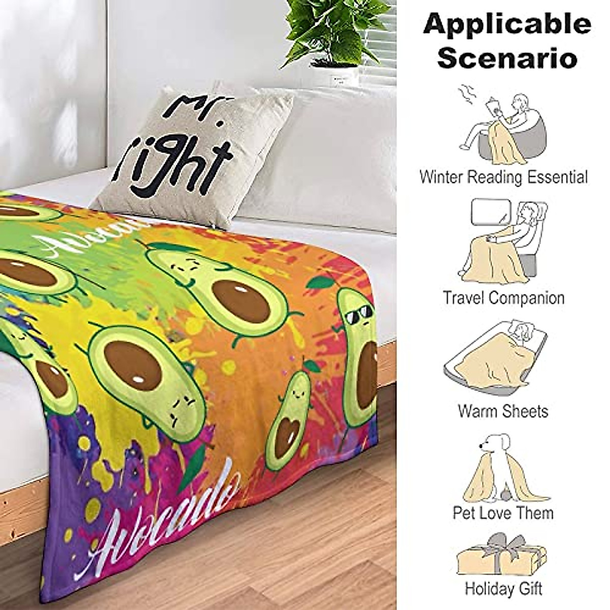 Cartoon Avocado Fruits Food Decor Throw Blanket Soft Lightweight Flannel Fleece Anime Blankets for Bed Chair Travelling 60"X50"