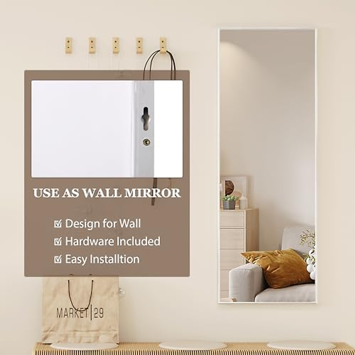 LVSOMT Full Length Mirror, 47"x14" Full Body Mirror, Wall Mounted Mirror, Over The Door Hanging Mirror, Long Mirror for Bedroom Living Room Locker Room, Aluminium Alloy Frame (Silver)