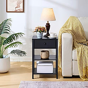 Hoctieon Nightstand, Nightstand with Drawer, Small Bedside Table, End Table with Drawer, Small Nightstand, Industrial Nightstand, Easy Assenbly, for Bedroom, Living Room, Office, Wood, Black