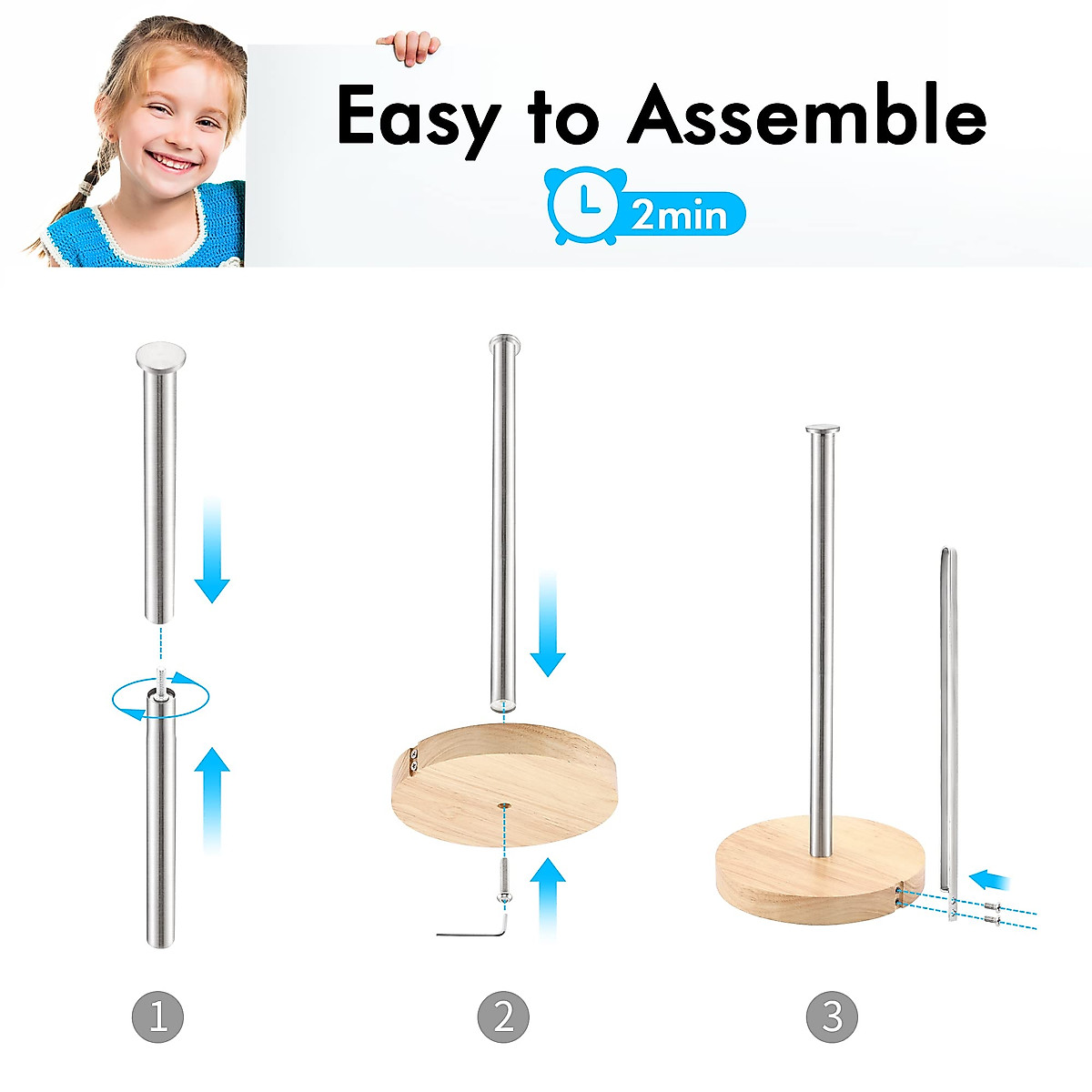 KES Paper Towel Holder Stand for Kitchen Towel Holder Countertop Wooden Base Paper Modern Stainless Steel Brushed Finish, KPH206-2