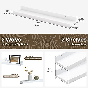 Picture Ledge Shelf, Pine Wood Floating Shelves Set of 2, 24 inch Nursery Book Shelves, Photo Ledge Book Shelves Wall Mounted for Living Room Kids' Room Bedroom - White