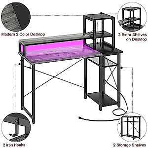 armocity 2023 Upgrade Gaming Desk with LED Lights, Small Computer Desk with Long Monitor Stand, 40'' Reversible Laptop Table with Storage Shelves, Small Desk for Small Spaces, Gaming Room, Grey