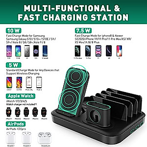 seenda Wireless Charging Station for Multiple Devices - 6 in 1 USB Charging Dock Built-in AC Adapter with 10W Max Wireless Charger Stand and 5 USB Ports for iPhone, iPad, Android, Apple Watch, AirPods