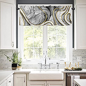 Savannan Window Curtains Valances, Marble Texture Line Black Gold White Rod Pocket Cafe Valance Short Curtains for Kitchen, Bedroom, Living Room, 1 Panel, 54X18