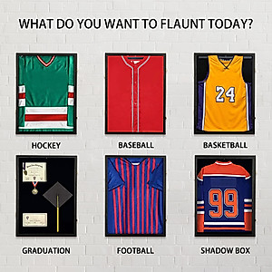 Jersey Display Frame Case, Large Lockable Shadow Box Sports Jersey Frame with 98% UV Protection Acrylic and 2 Hanger for Baseball Basketball Football Soccer Hockey Shirt,Uniform, Graduates Black